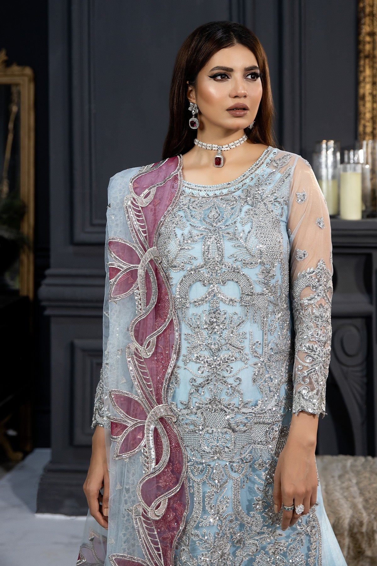 Ice Blue Luxury Silver Pakistani Salwar Kameez Dupatta – Nameera by Farooq