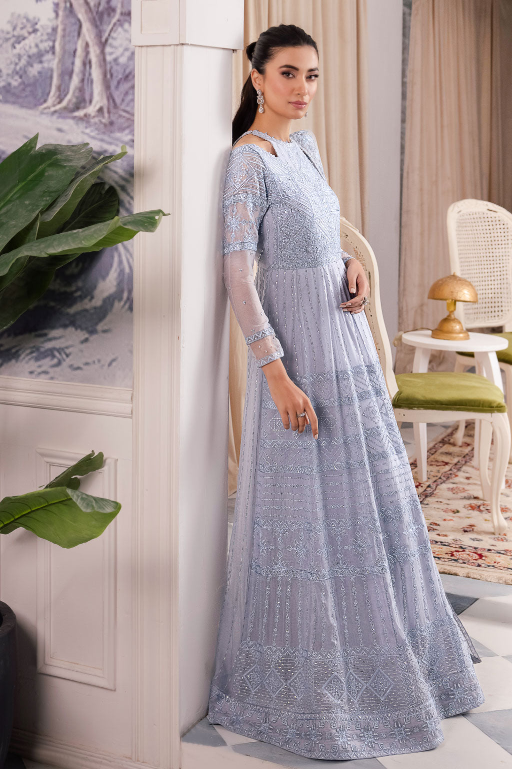 Luxury Grey Pakistani Wedding Dress Long Pishwas Frock – Nameera by Farooq