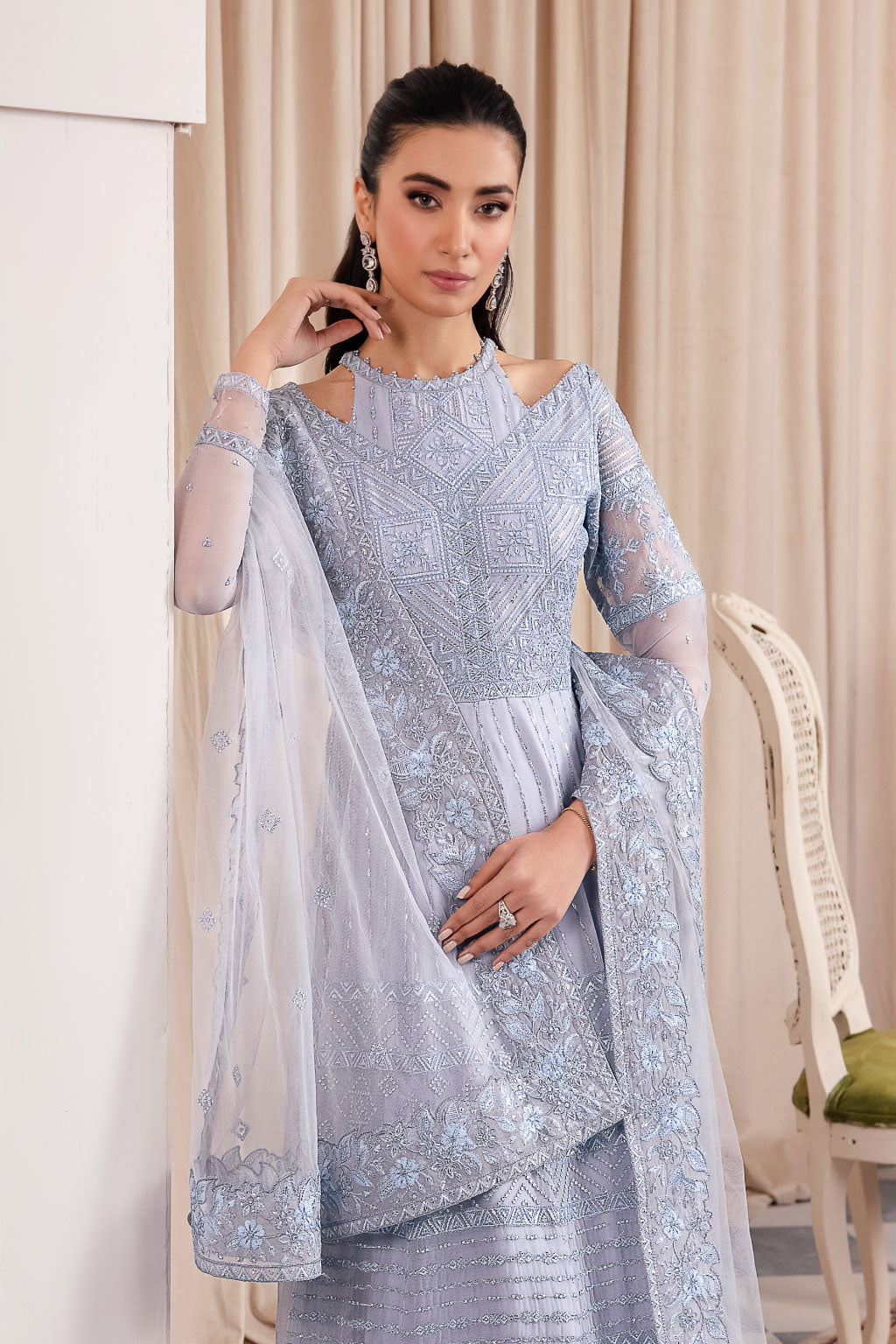 Luxury Grey Pakistani Wedding Dress Long Pishwas Frock – Nameera by Farooq