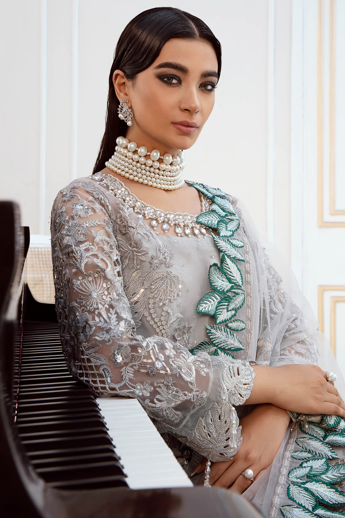 Luxury Pakistani Wedding Dress Kameez Grey Salwar Suit – Nameera by Farooq