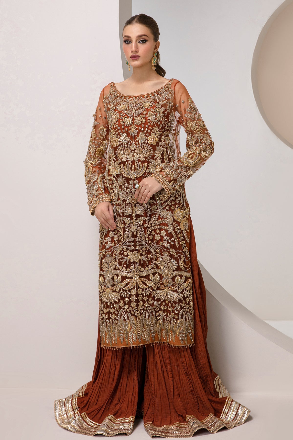 Maroon Kameez Pakistani Wedding Dress Crushed Sharara – Nameera by Farooq
