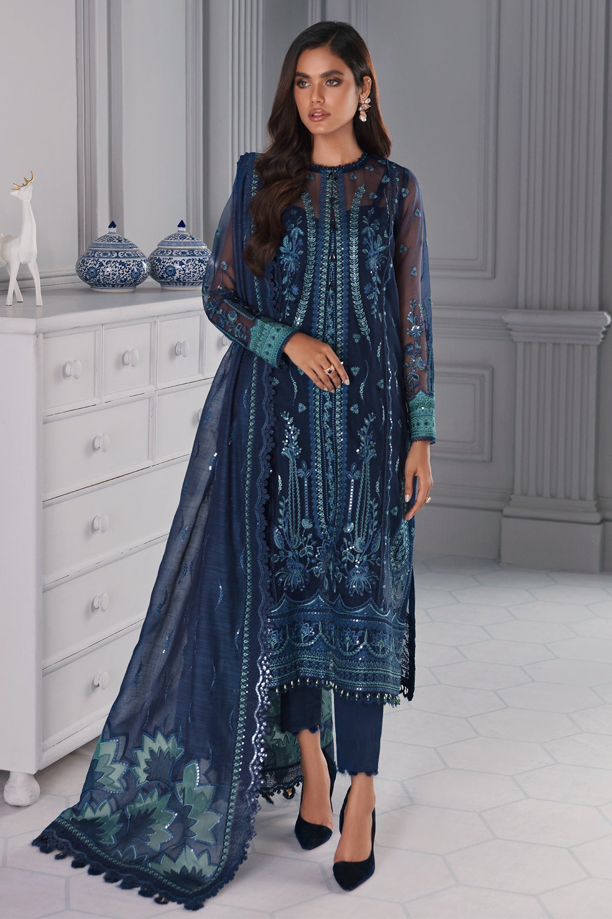 Royal Blue Embroidered Pakistani Salwar Kameez Dupatta – Nameera by Farooq