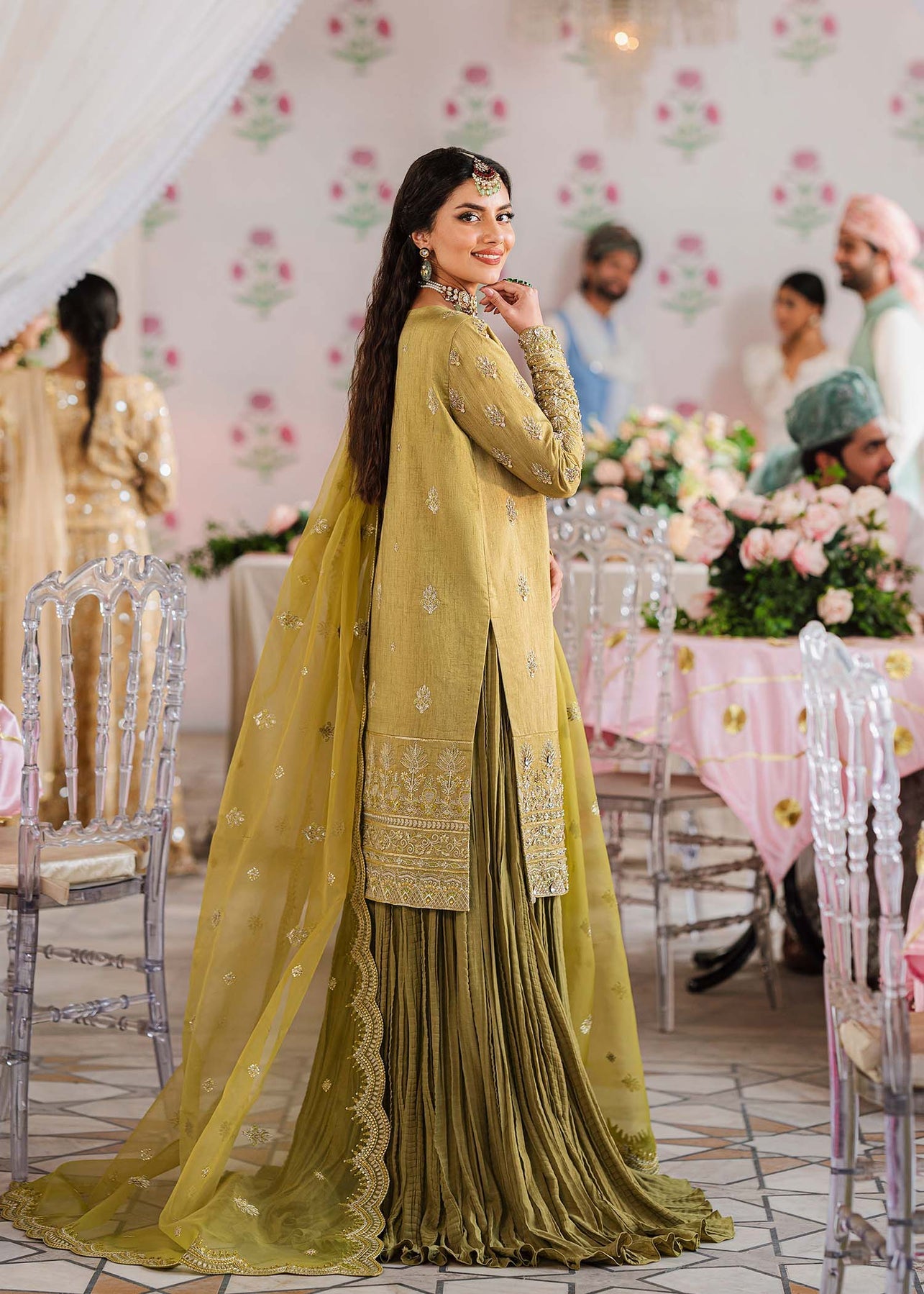 Royal Mehndi Green Pakistani Sharara Kameez Crushed Style – Nameera by ...