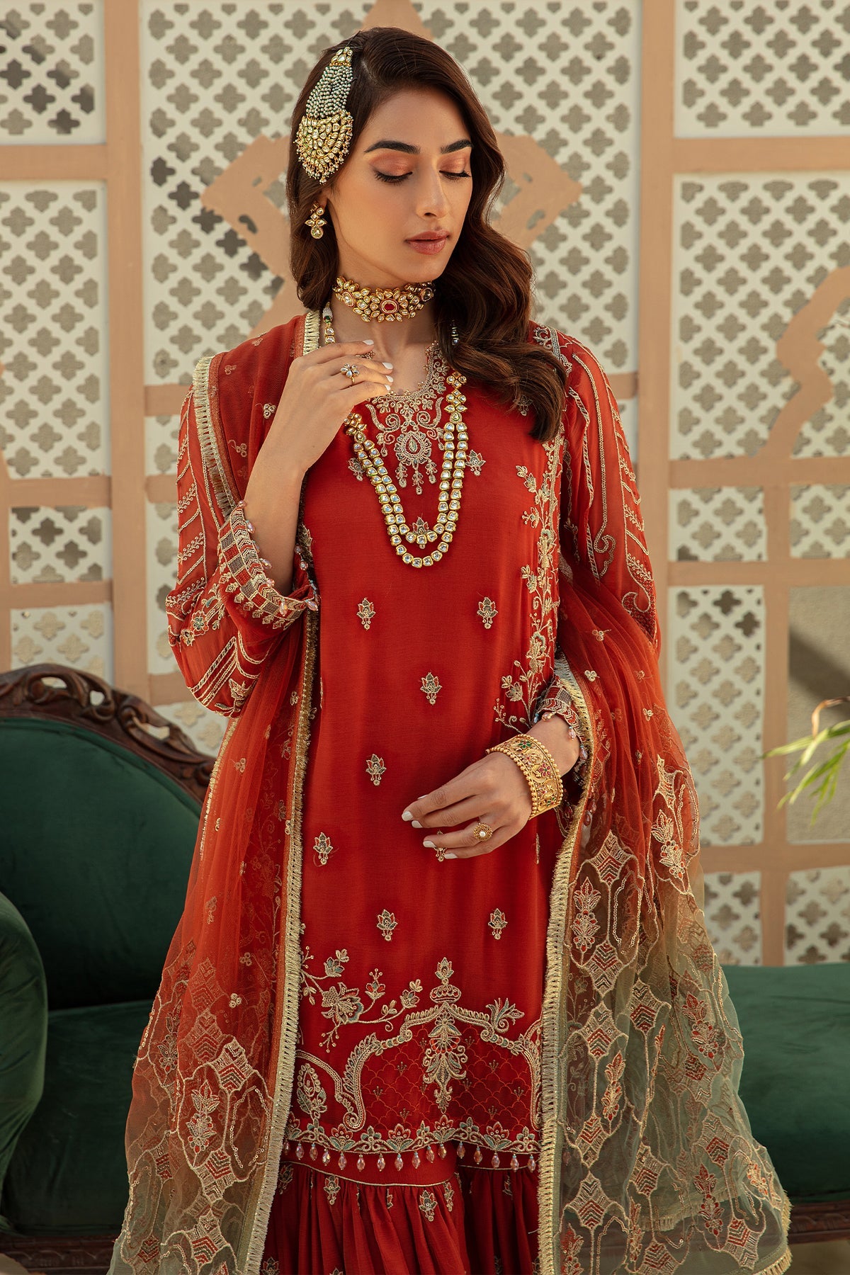 Rust Pakistani Wedding Dress in Kameez Gharara Style – Nameera by Farooq