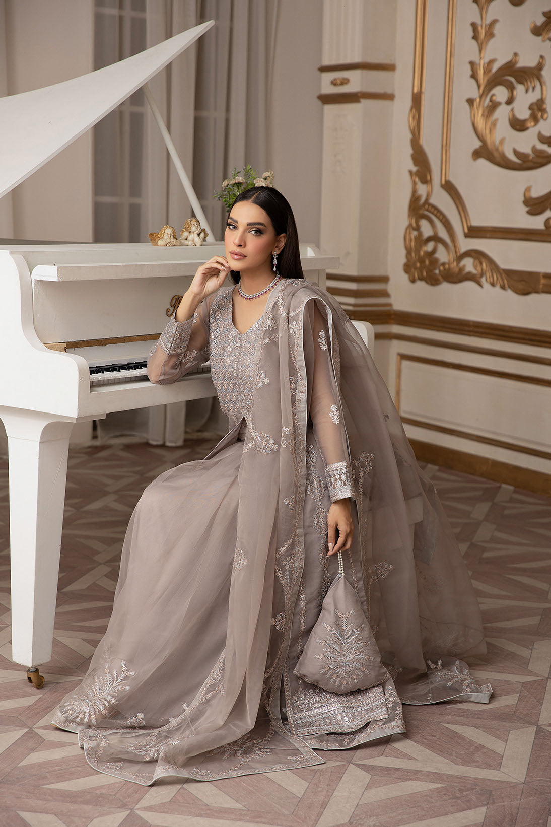 Silver Grey Embellished Gown Frock Pakistani Wedding Dress – Nameera by ...