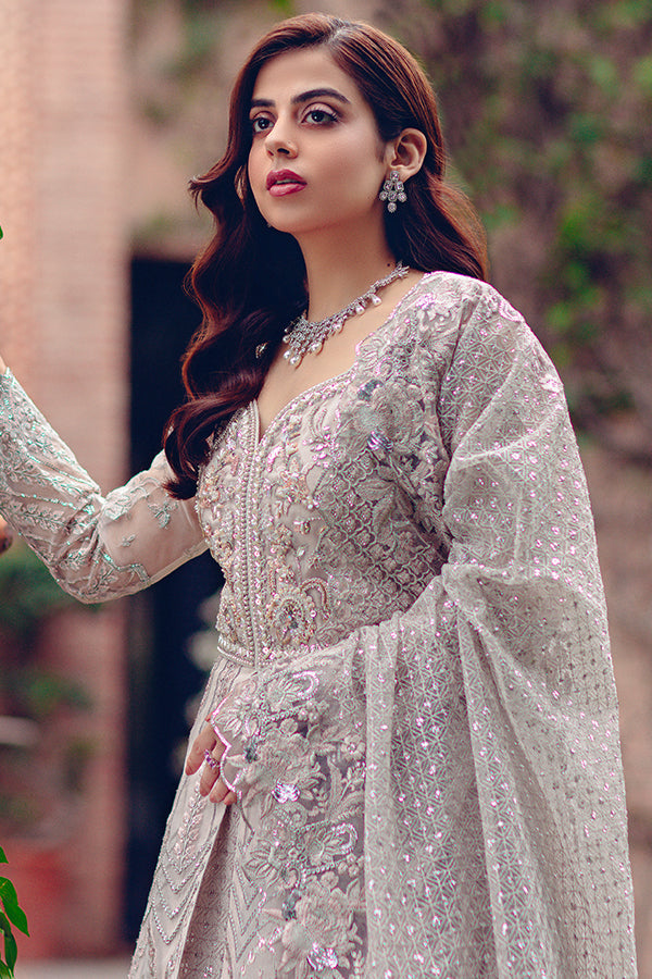 Silver Embellished Pakistani Wedding Dress In Pishwas Style Nameera