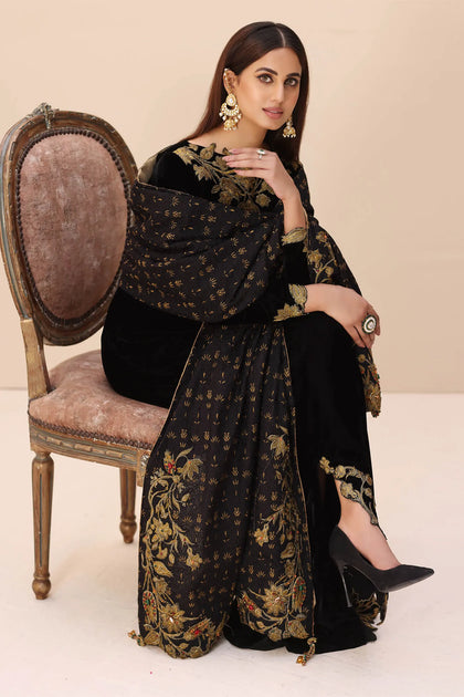 Traditional Black Pakistani Salwar Kameez Dupatta Suit – Nameera by Farooq