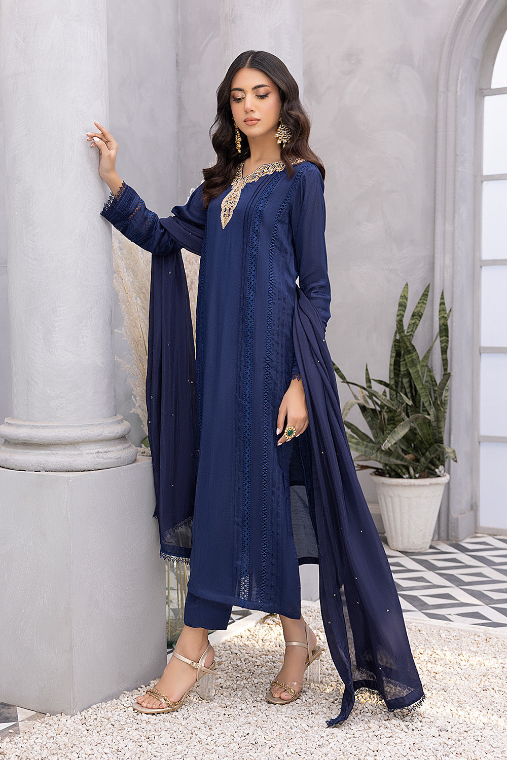 Traditional Blue Pakistani Salwar Kameez with Dupatta – Nameera by Farooq