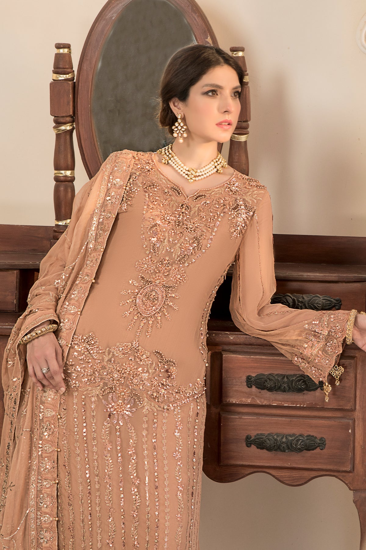 Traditional Gold Pakistani Party Salwar Kameez Dupatta – Nameera by Farooq