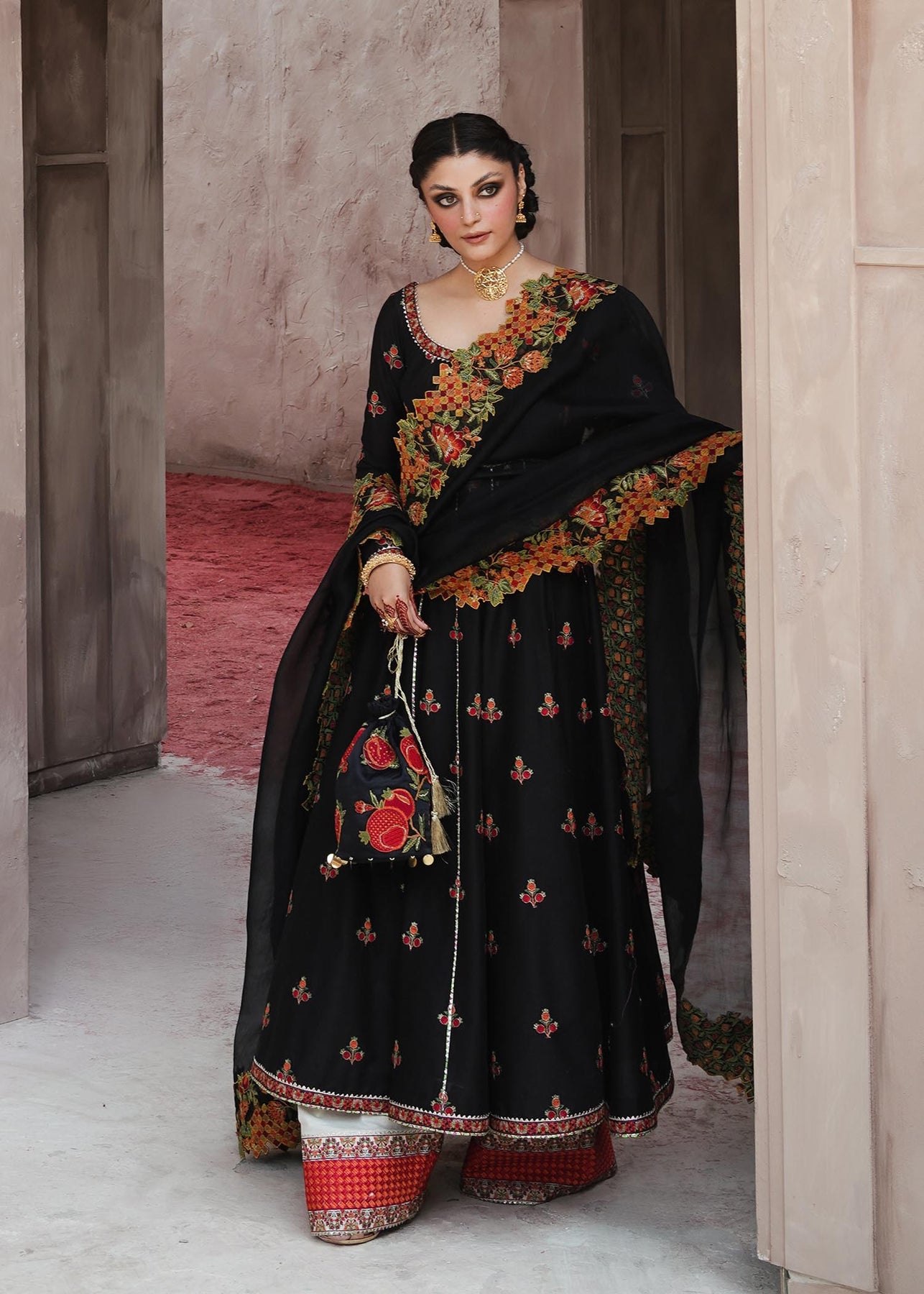 Pakistani Black Dress in Pishwas Style for Wedding – Nameera by Farooq