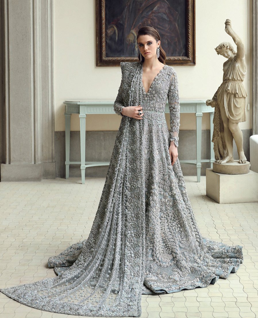 Pakistani Bridal Dress in Blue Grey Gown Dupatta Style – Nameera by Farooq