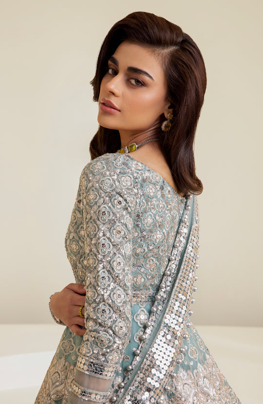 Classic Pakistani Bridal Dress in Blue Pishwas Style – Nameera by Farooq
