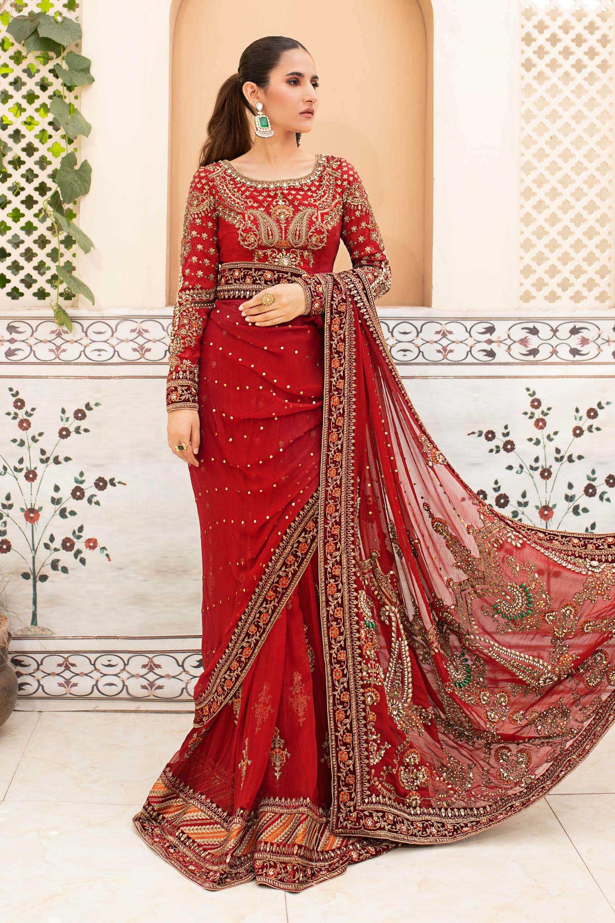 Royal Pakistani Bridal Dress in Deep Red Saree Style – Nameera by Farooq