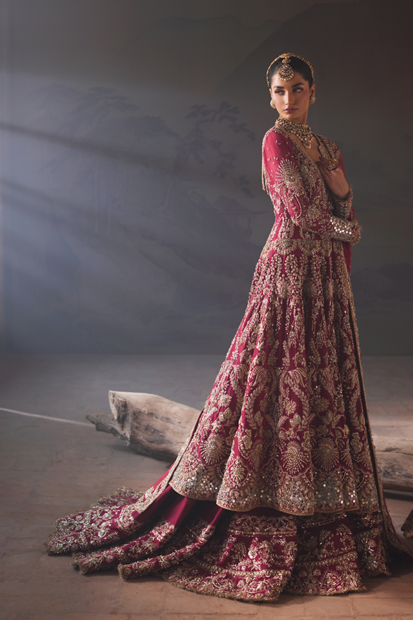 Pakistani Bridal Dress in Farshi Lehenga Gown Style – Nameera by Farooq