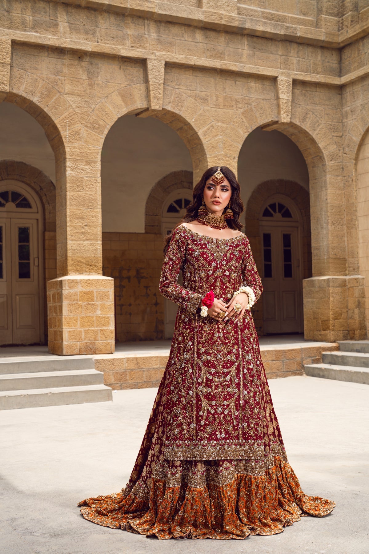 Pakistani Bridal Dress in Farshi Lehenga Kameez Style – Nameera by Farooq