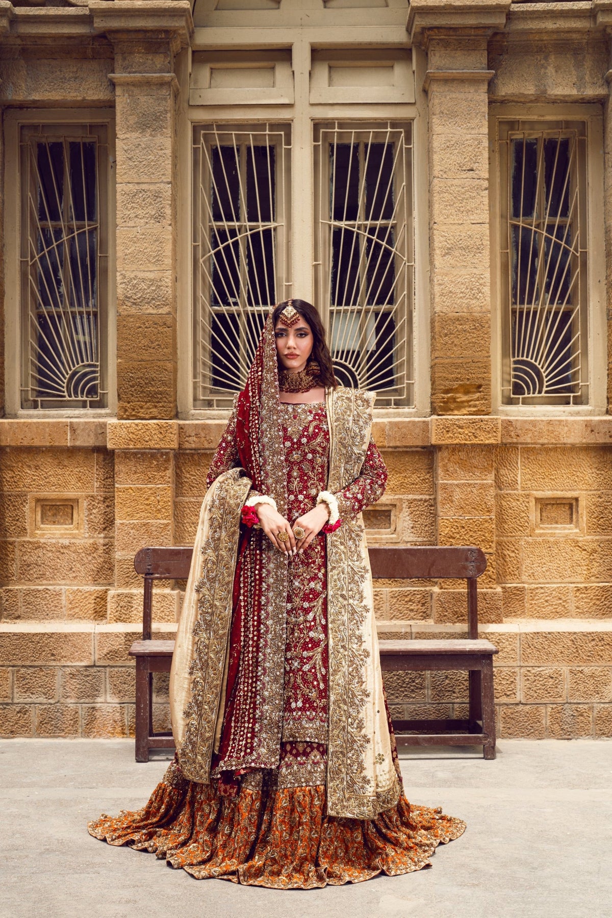 Pakistani Bridal Dress in Farshi Lehenga Kameez Style – Nameera by Farooq