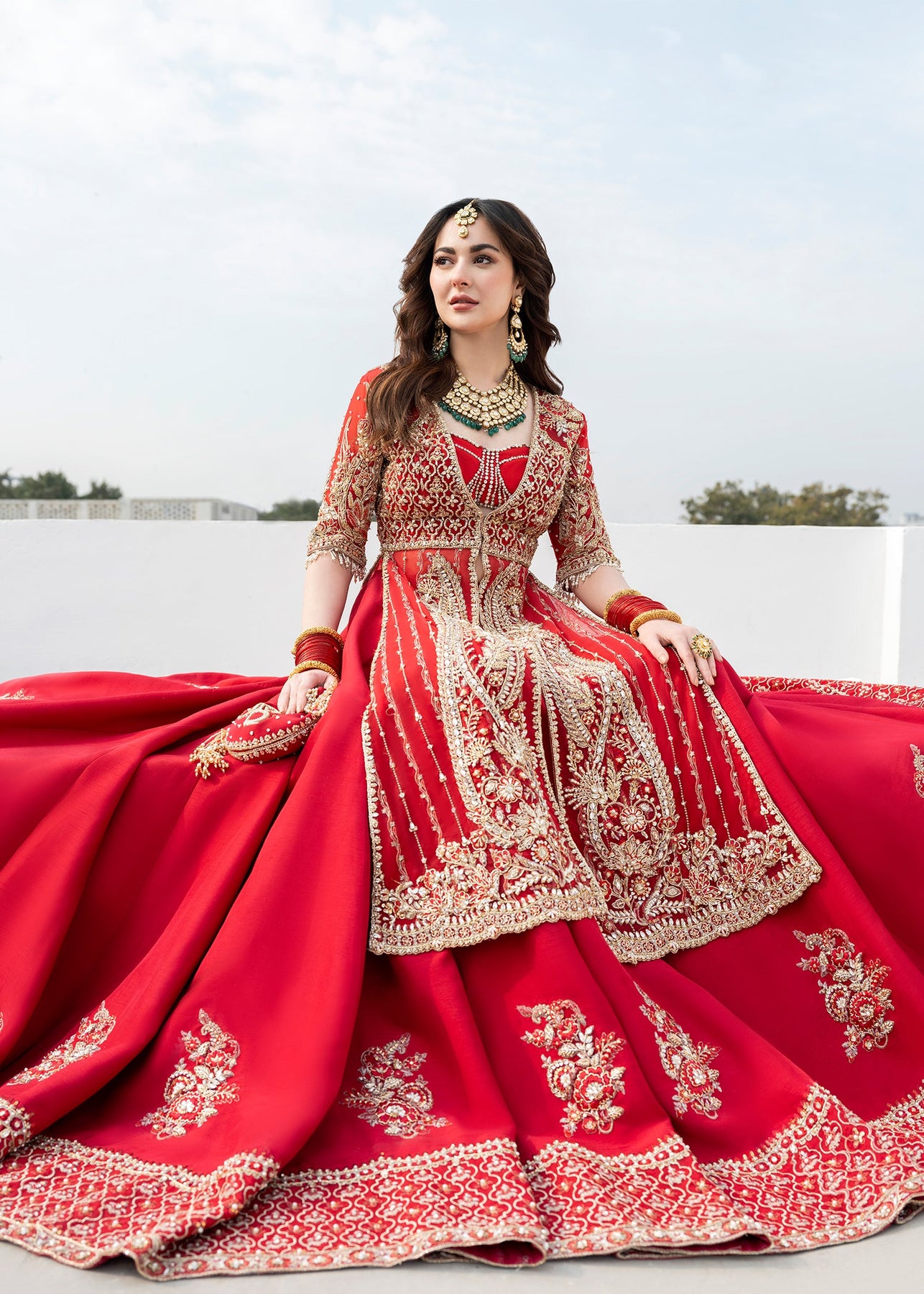 Red Pakistani Bridal Dress in Farshi Lehenga Style – Nameera by Farooq