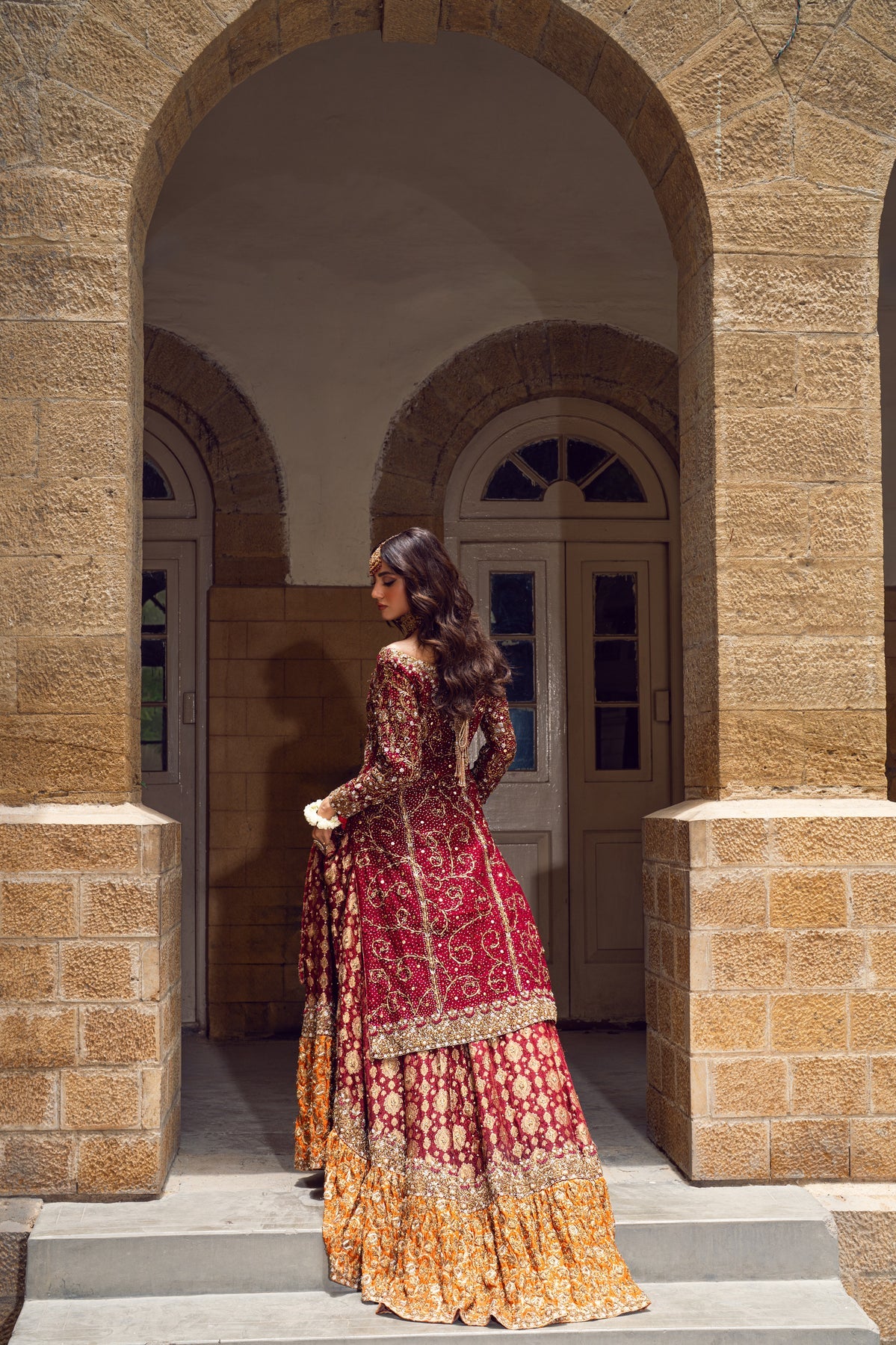 Pakistani Bridal Dress in Farshi Lehenga Kameez Style – Nameera by Farooq