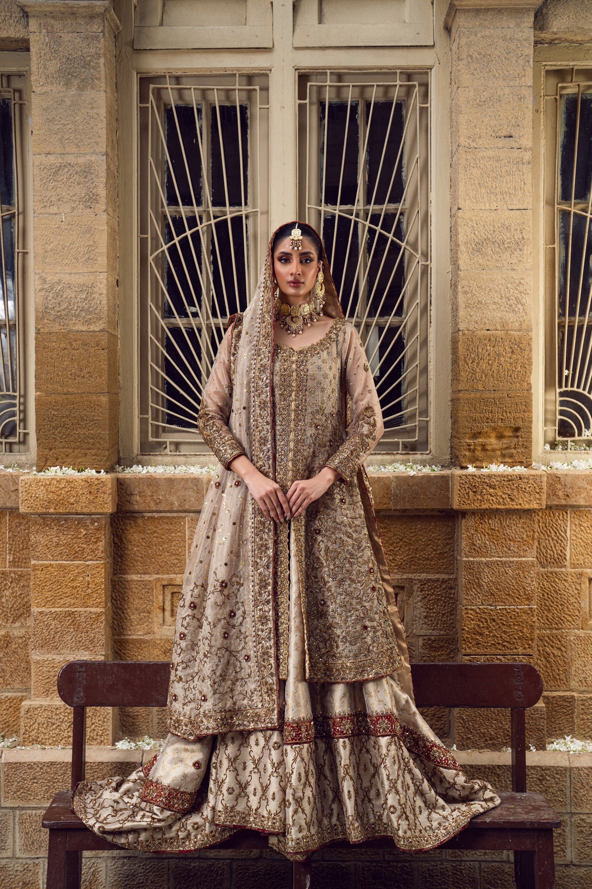 Pakistani Bridal Dress in Farshi Sharara Kameez Style – Nameera by Farooq