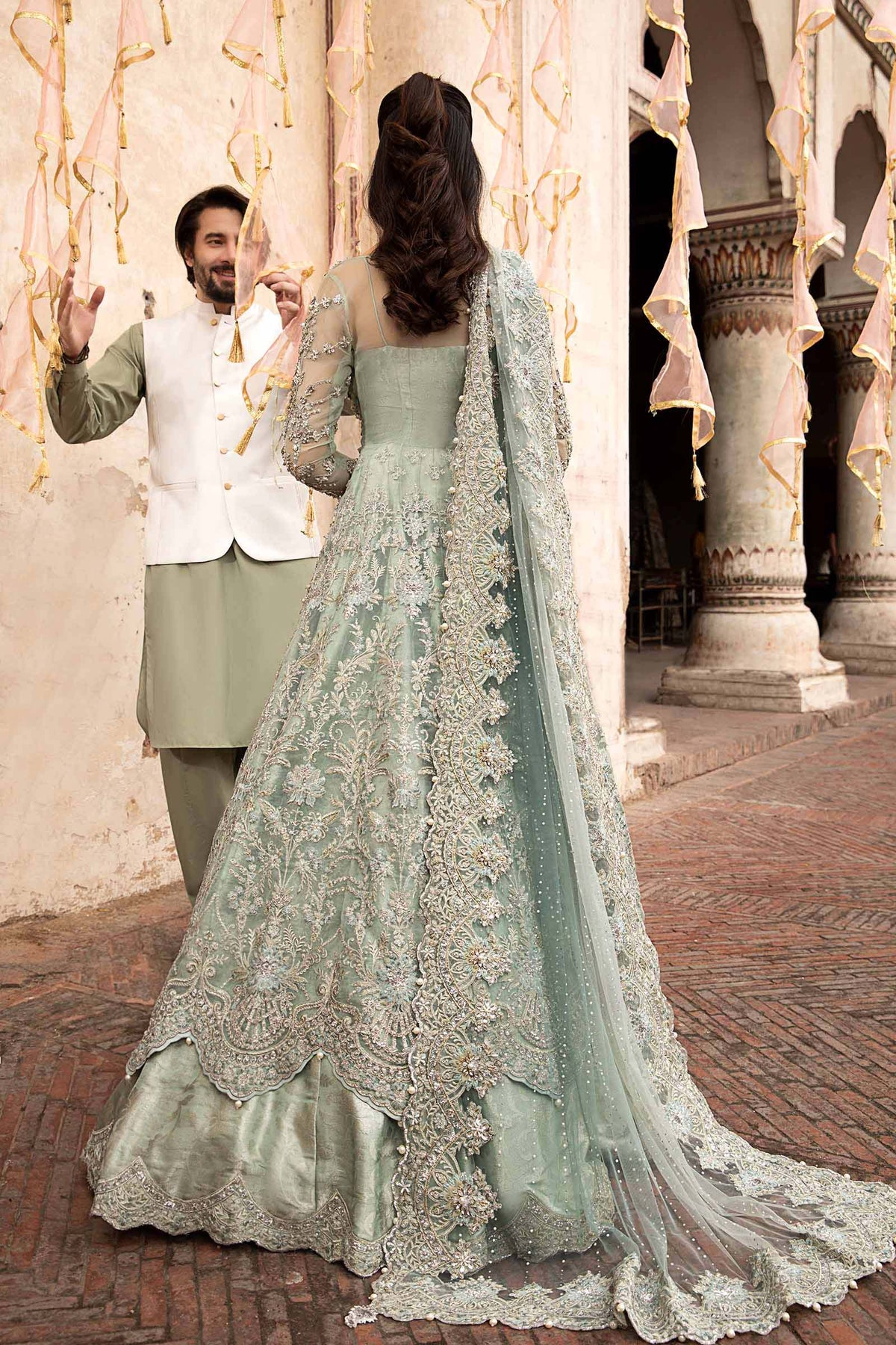 Pakistani Bridal Walima Dress in Frock Lehenga Style – Nameera by Farooq