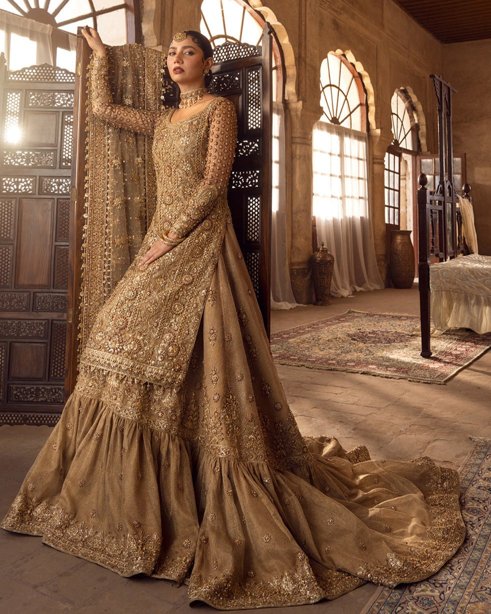 Pakistani Bridal Dress in Golden Gharara Kameez Style – Nameera by Farooq