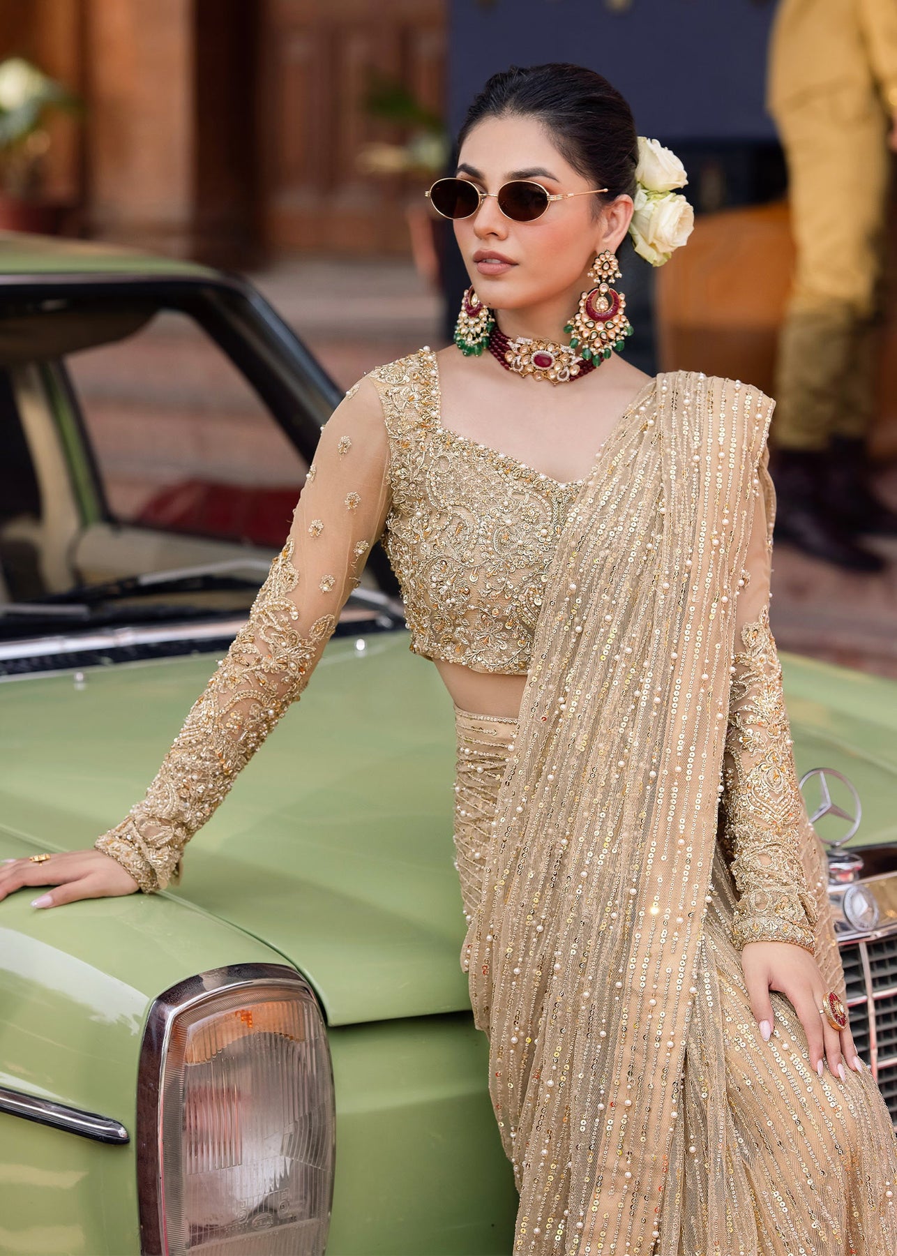 Pakistani Bridal Dress in Golden Saree Blouse Style – Nameera by Farooq