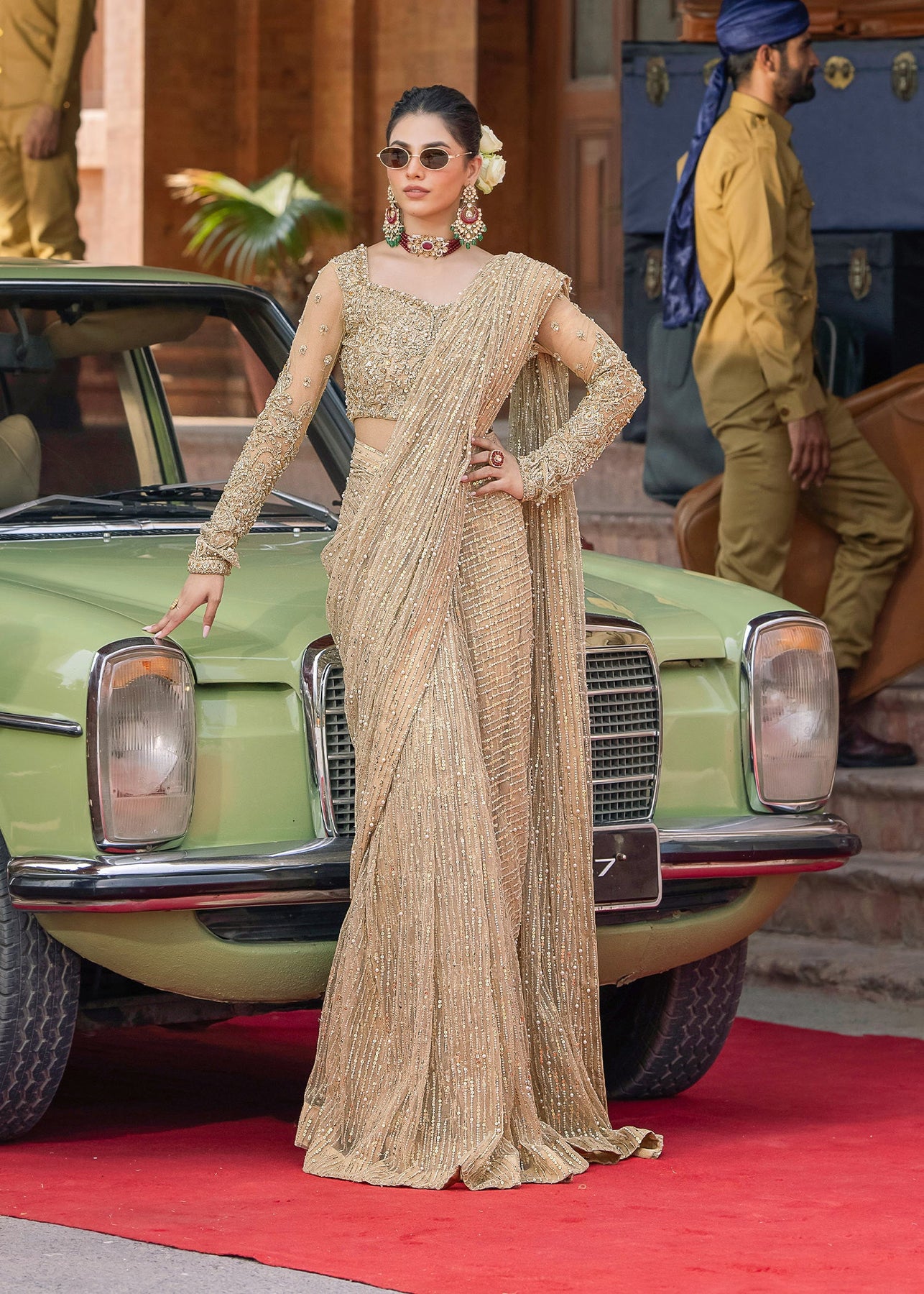 Pakistani Bridal Dress in Golden Saree Blouse Style – Nameera by Farooq