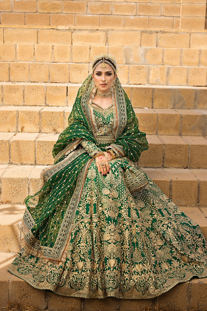 Pakistani Bridal Outfit in Green Lehenga Choli Style – Nameera by Farooq