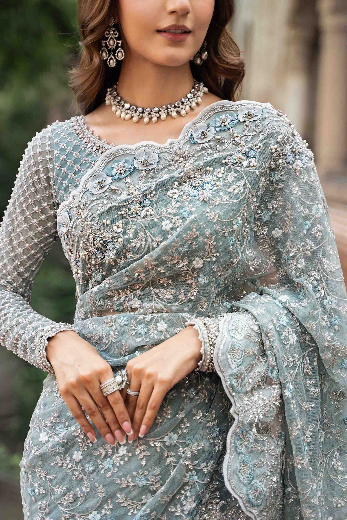 Pakistani Bridal Dress in Ice Blue Wedding Saree Style – Nameera by Farooq