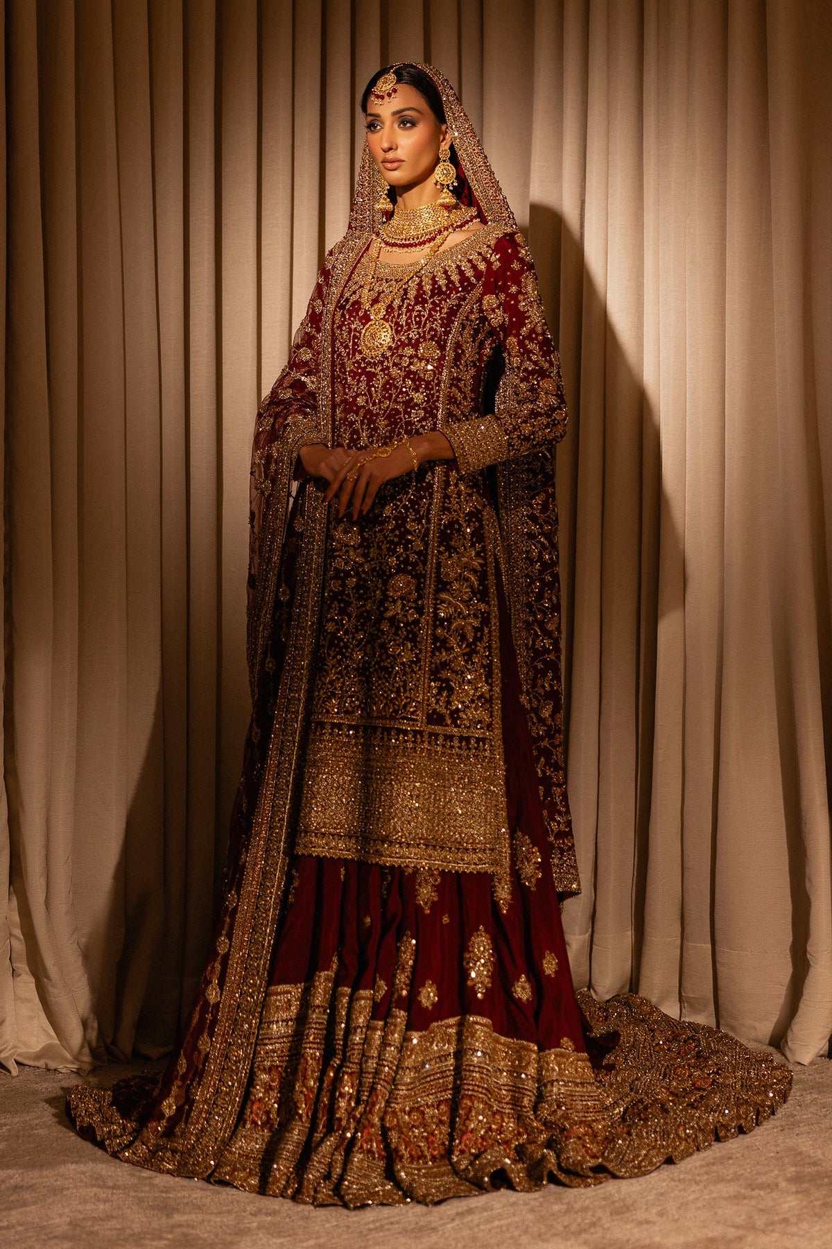 Red Pakistani Bridal Dress in Kameez and Lehenga Style – Nameera by Farooq