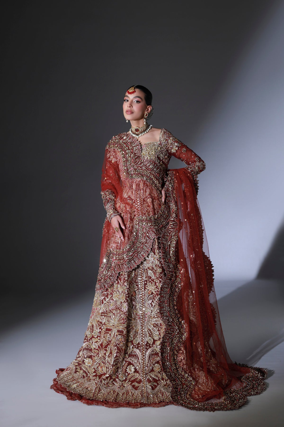 Red Pakistani Bridal Dress in Open Gown Lehenga Style – Nameera by Farooq