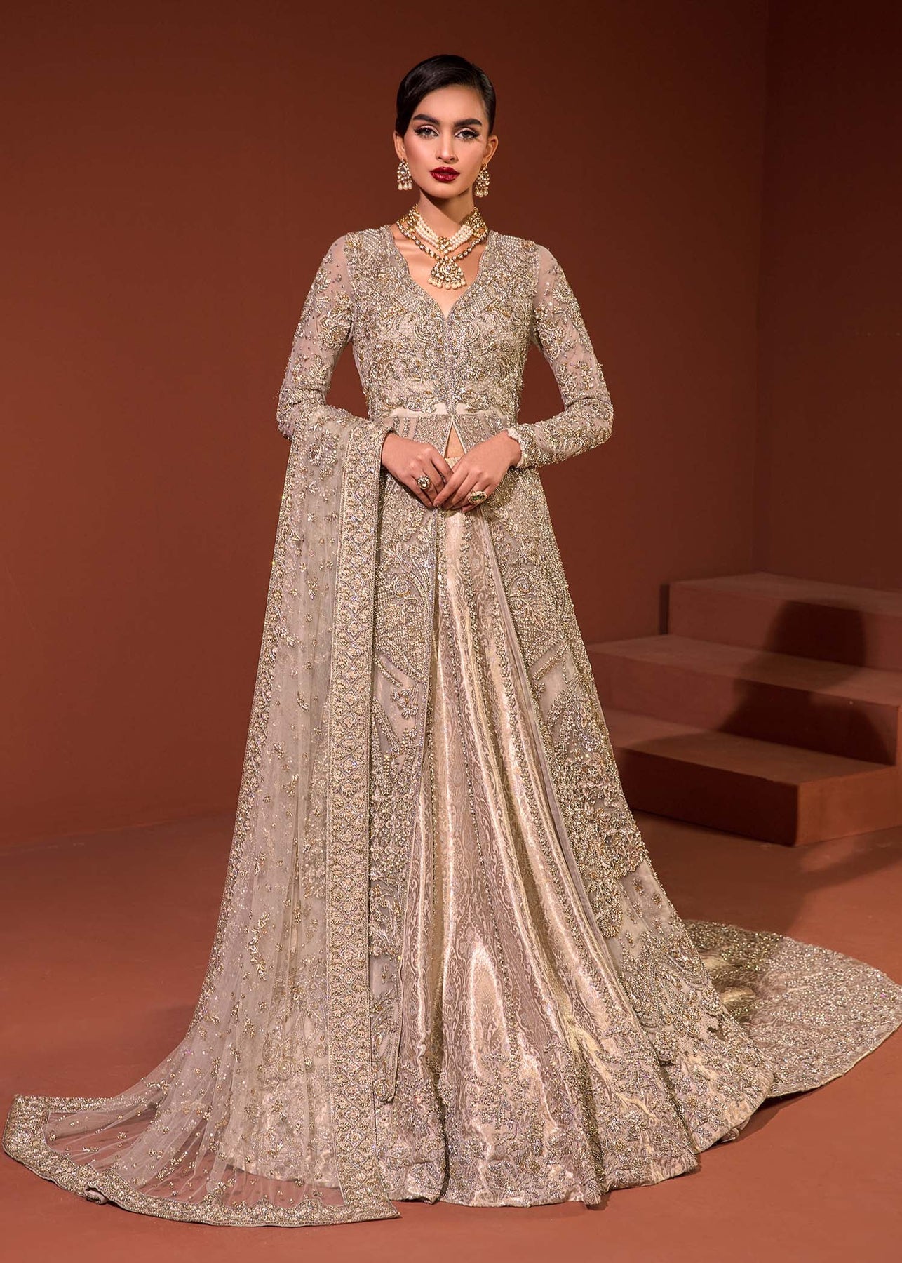 Pakistani Bridal Dress in Open Gown and Lehenga Style – Nameera by Farooq