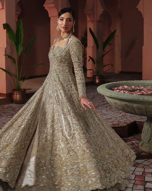Pakistani Bridal Dress in Open Gown and Lehenga Style – Nameera by Farooq