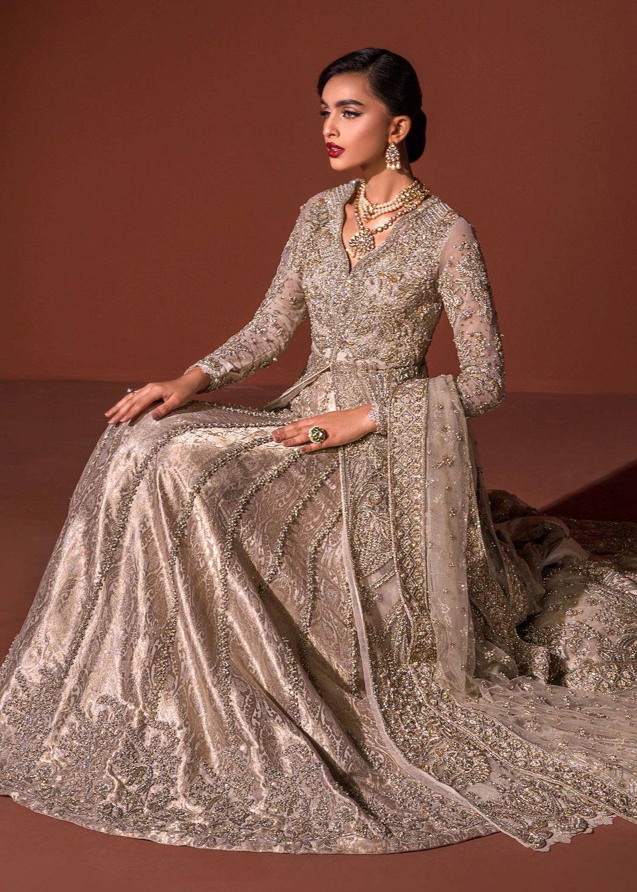 Pakistani Bridal Dress in Open Gown and Lehenga Style – Nameera by Farooq