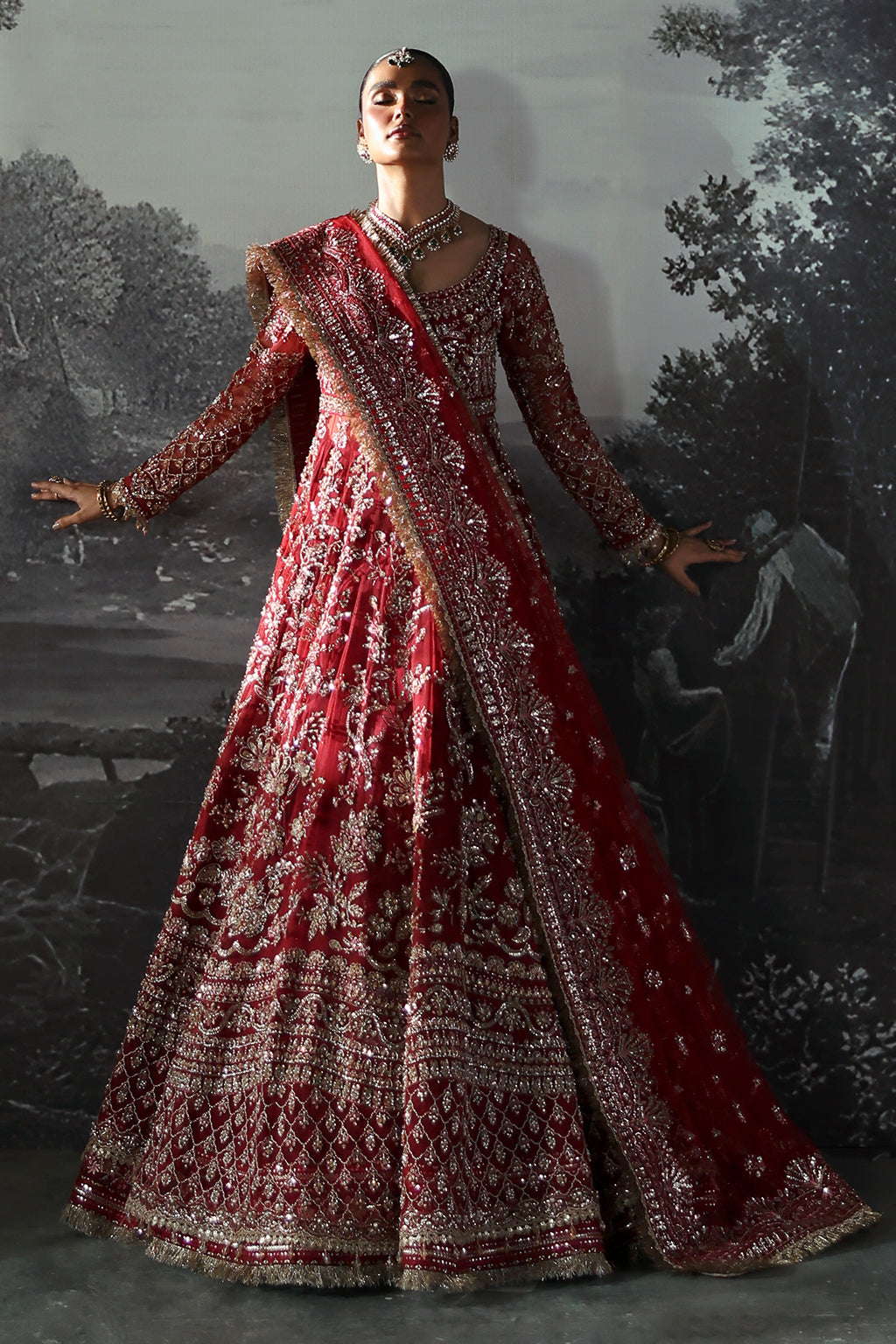 Red Pakistani Bridal Dress in Peshwas and Lehenga Style – Nameera by Farooq