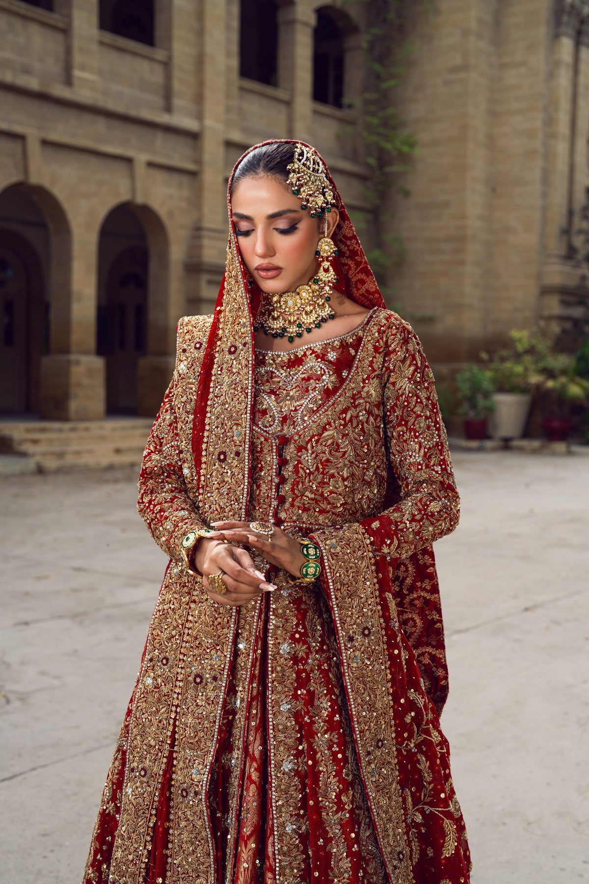 Pakistani Bridal Dress in Red Open Gown Lehenga Style – Nameera by Farooq