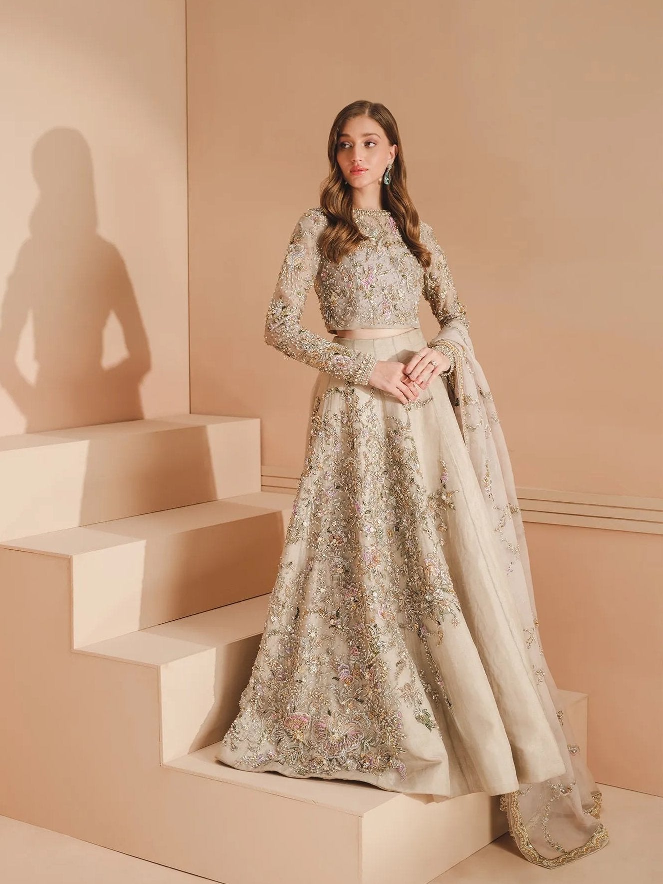 Pakistani Bridal Dress in Rose Gold Choli Lehenga Style – Nameera by Farooq