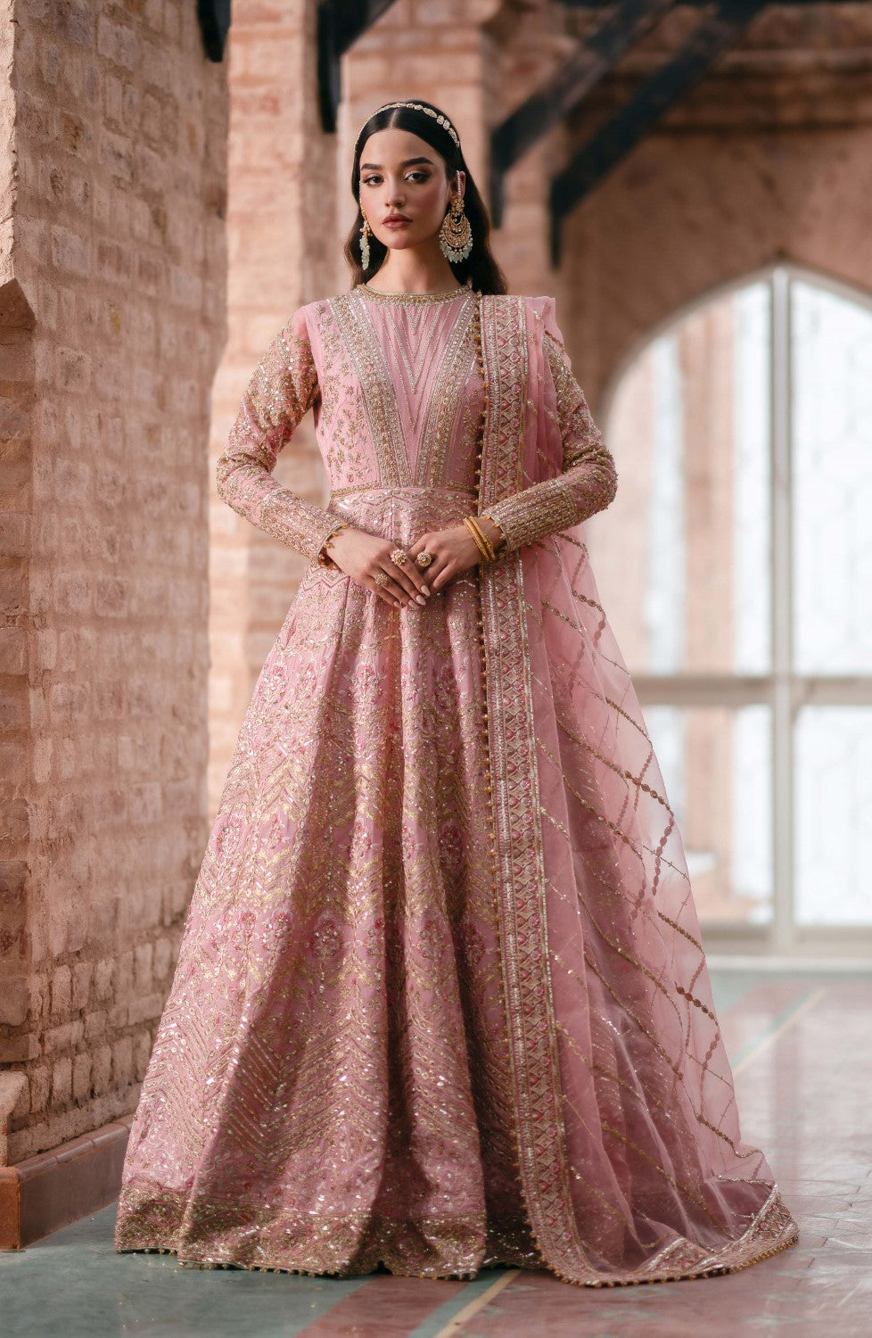 Pakistani Bridal Dress in Rose Pink Pishwas Frock Style – Nameera by Farooq
