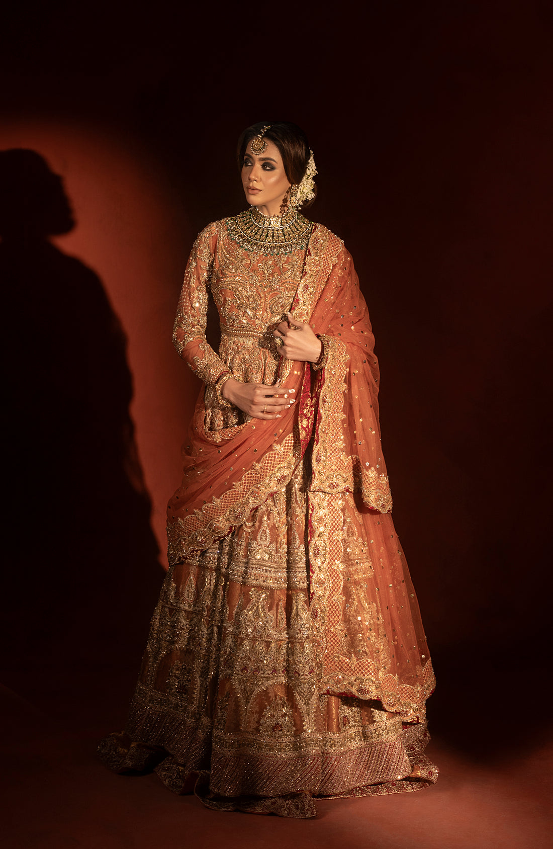 Pakistani Bridal Dress in Rust Pishwas Lehenga Style – Nameera by Farooq