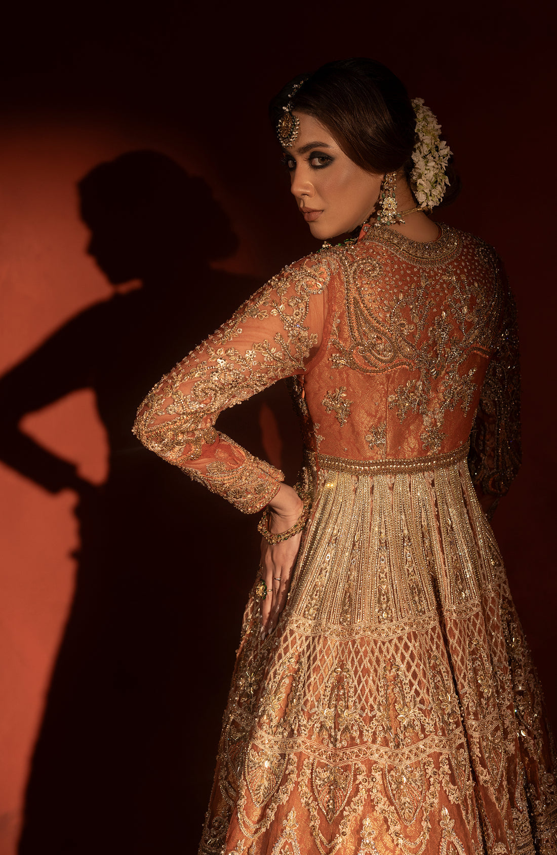 Pakistani Bridal Dress in Rust Pishwas Lehenga Style – Nameera by Farooq