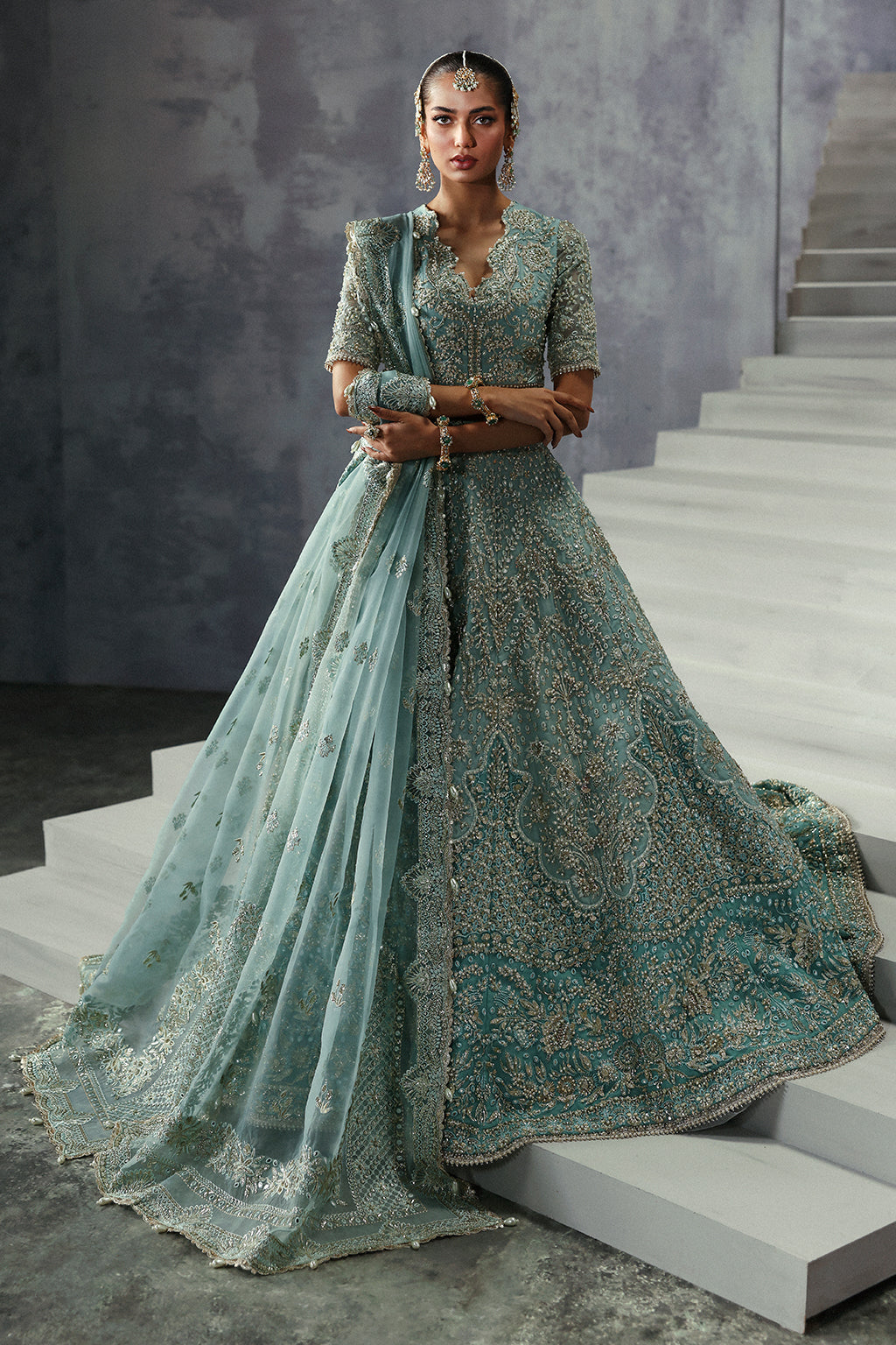 Pakistani Bridal Dress in Turquoise Choli Lehenga Style – Nameera by Farooq