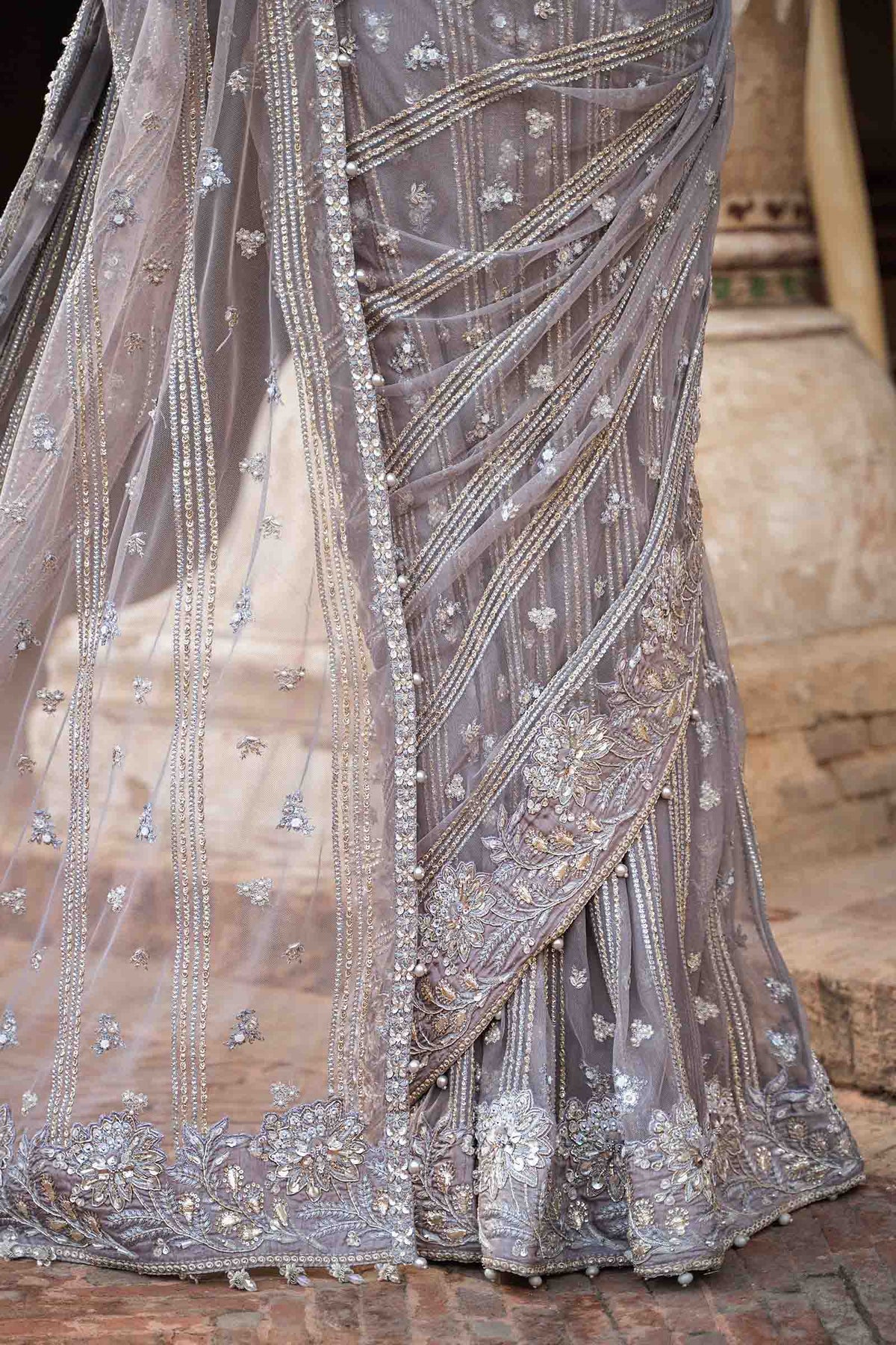 Pakistani Bridal Dress in Wedding Saree Style in Net – Nameera by Farooq