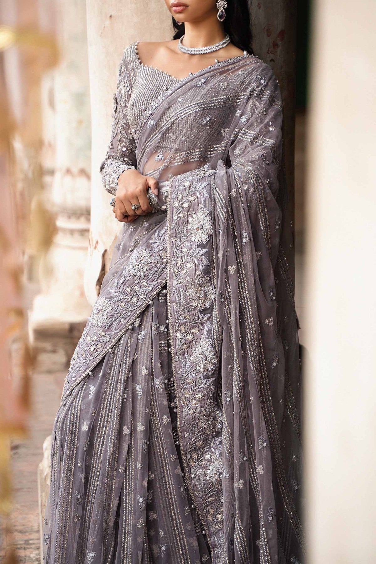 Pakistani Bridal Dress in Wedding Saree Style in Net – Nameera by Farooq