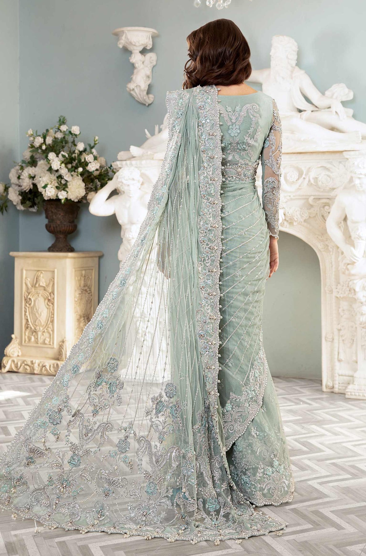 Pakistani Bridal Suits in Premium Net Saree Style – Nameera by Farooq