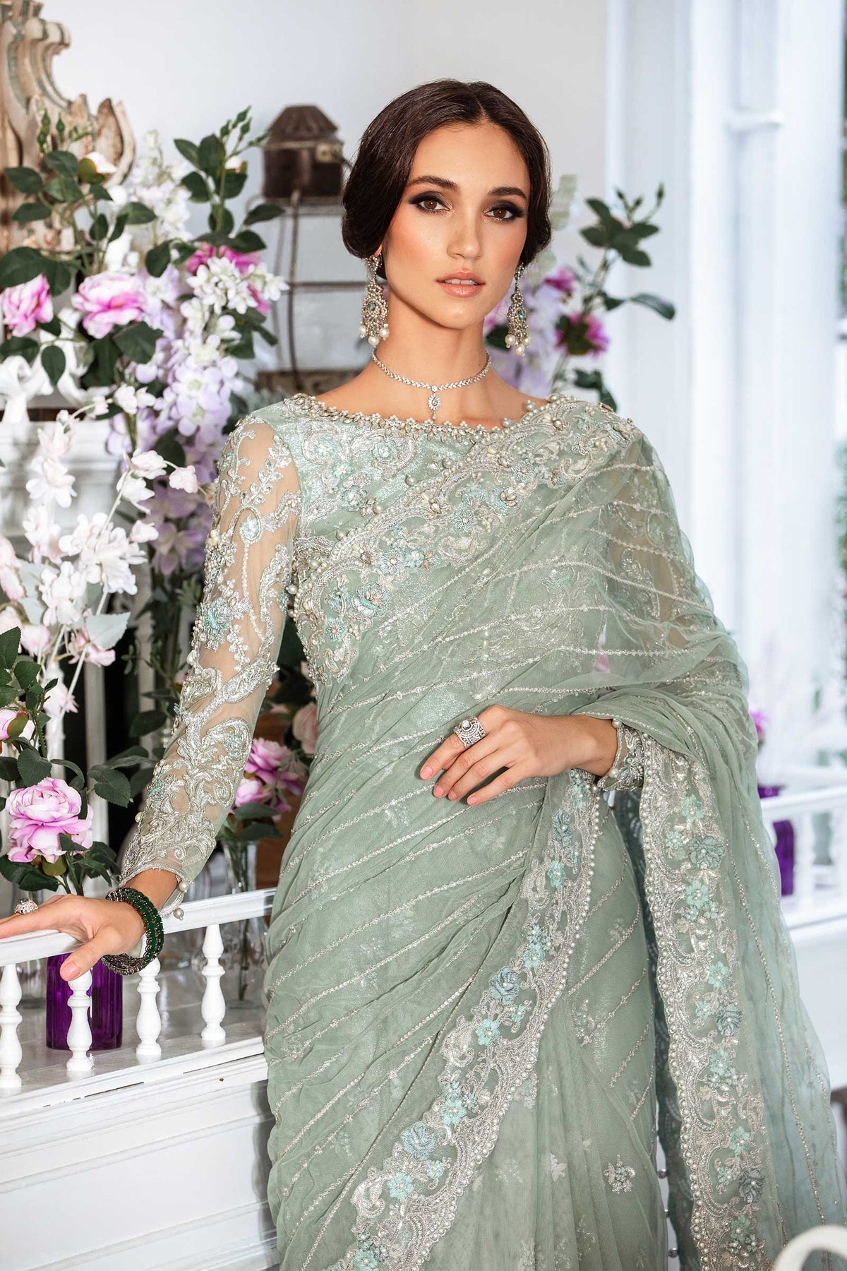 Pakistani Bridal Suits in Premium Net Saree Style – Nameera by Farooq