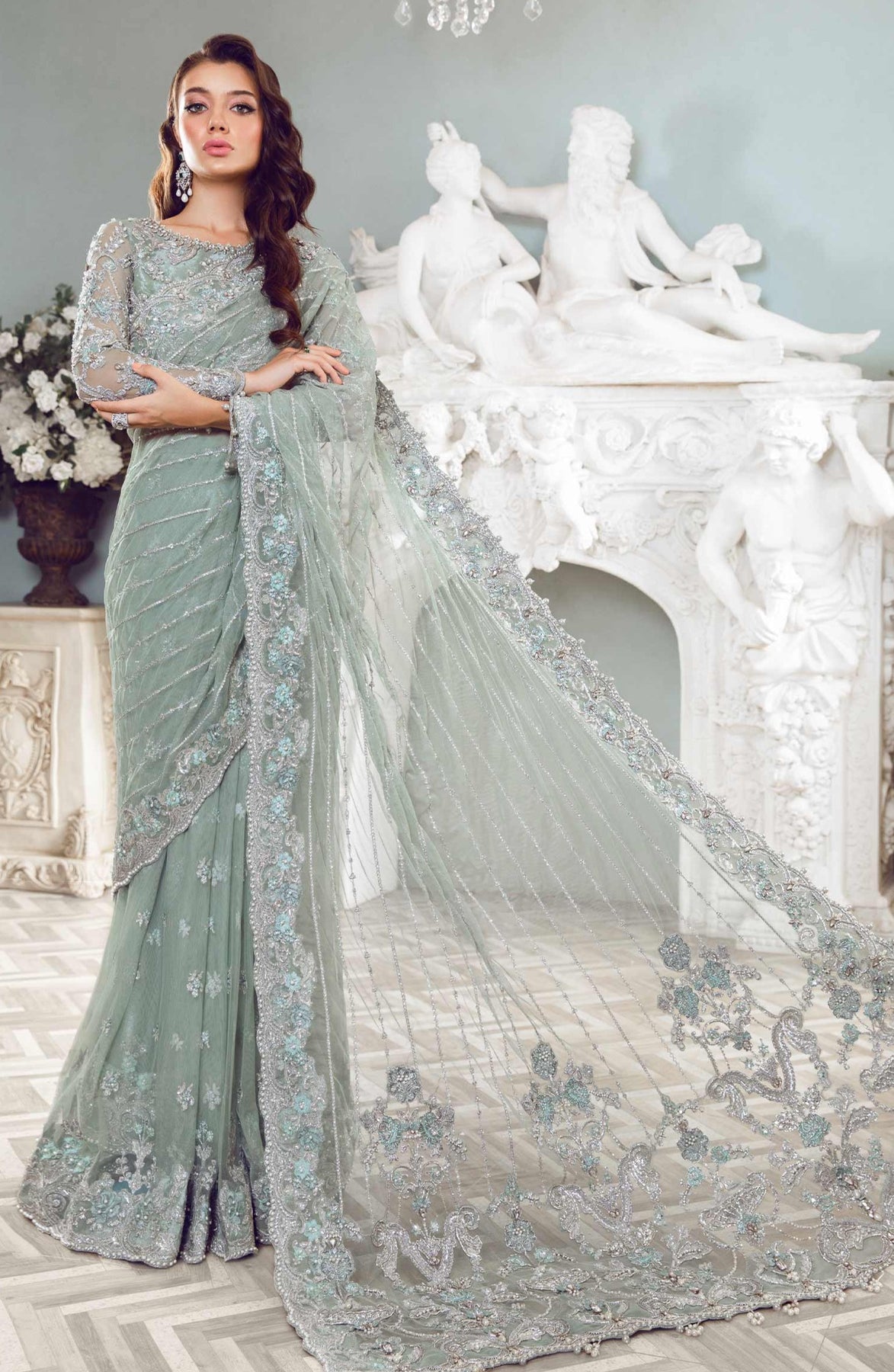 Pakistani Bridal Suits in Premium Net Saree Style – Nameera by Farooq