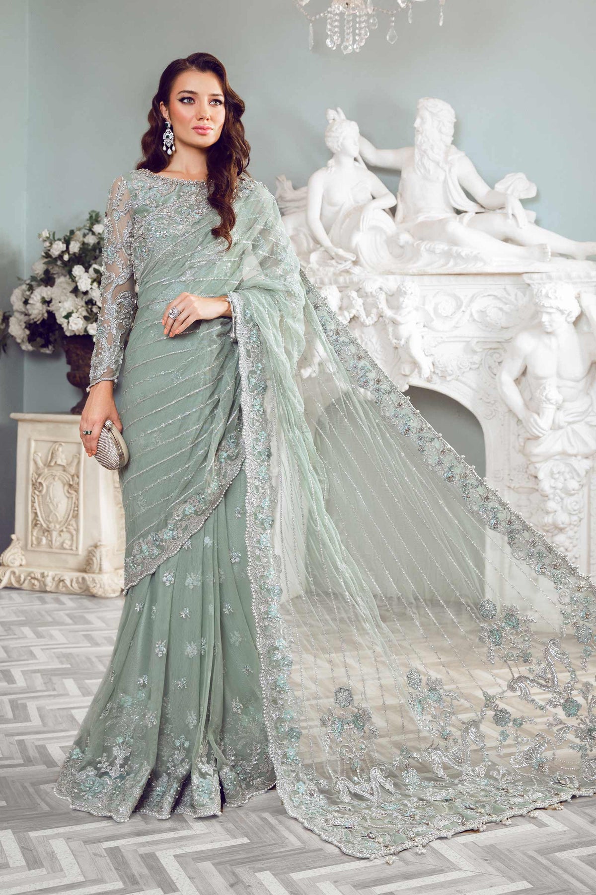 Pakistani Bridal Suits in Premium Net Saree Style – Nameera by Farooq