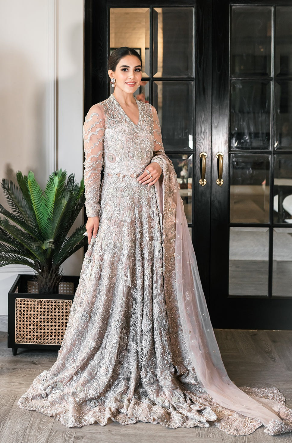 Pakistani Bridal Walima Dress in Gown Lehenga Style – Nameera by Farooq