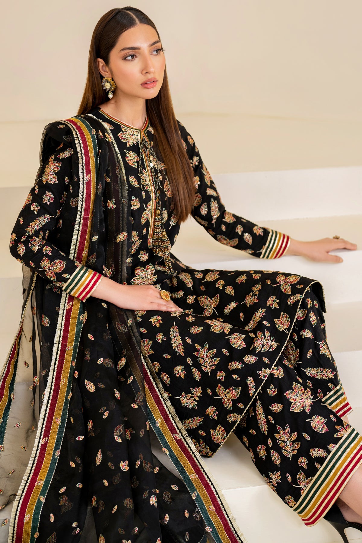 Silk Pakistani Embroidered Party Dress in Black Shade – Nameera by Farooq