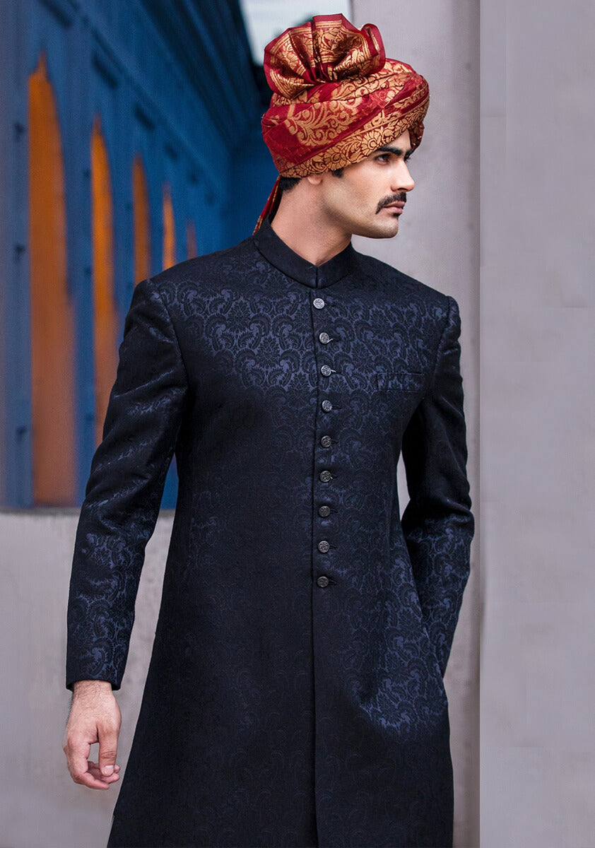 Royal Pakistani Groom Dress in Black Sherwani Style – Nameera by Farooq